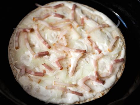 Bar Style Tarte Flambée Alsatian Pizza With Fresh Cheese Onions and Bacon Recipe