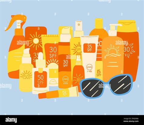 Set Of Spf Bottles Tubes Stand Together With Sunglasses Sunscreen