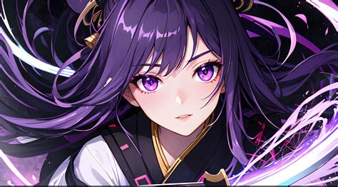 보라색 머리와 보라색 눈을 가진 애니메이션 캐릭터 클로즈업 Seaart Ai