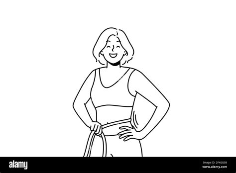 Smiling Young Woman With Tape On Waist Excited With Diet And Sport