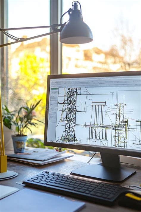 Desktop Setup With Cad Renderings Of Electrical Grid Disaster Recovery Designs Stock
