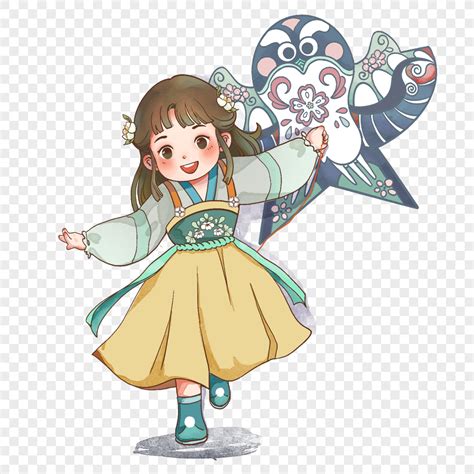 清明節風箏女孩psd圖案素材免費下載，可愛卡通圖片，尺寸1000 × 1000px Lovepik
