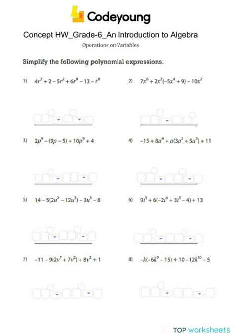 Operations On Variables Concept Hw Interactive Worksheet Topworksheets