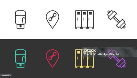 세트 라인 복싱 장갑 위치 체육관 사물함 또는 탈의실과 아령을 흑백으로 설정합니다 벡터 가정의 방에 대한 스톡 벡터 아트 및 기타 이미지 Istock