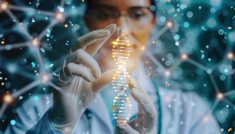 Scientist Wearing A Lab Coat And Gloves Holding A Glowing Dna Double Helix Model In A Genetics