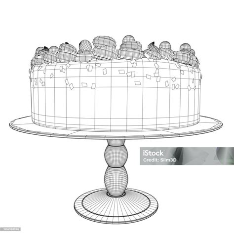 와이어프레임 케이크 등고선 그리기 스타일의 생일 케이크 전통적인 생일 케이크는 흰색 배경에 분리된 미니멀한 검은색 선형