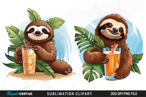 Watercolor Sloth Tropical Drink Clipart Graphic By Regulrcrative