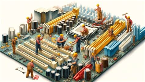 Premium Photo Workers On A Giant Circuit Board Performing Various Tasks