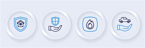 라인 자동차 보험 화재 불꽃 방패 손 및 방패 아이콘이 있는 집을 설정합니다 벡터 가리키기에 대한 스톡 벡터 아트 및 기타 이미지 가리키기 개념 거리표식 Istock