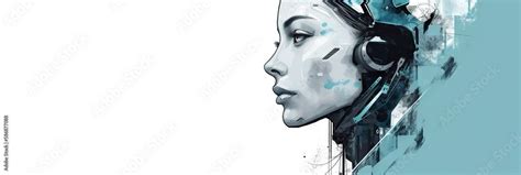 Cyborg Woman Side View Banner High Tech Ai Bot Background With Copy