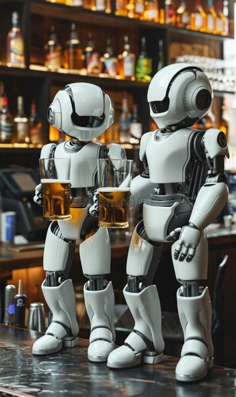 Two Robots Drinking Beer In Bar Cyborg Friends Drink Alcohol In Pub