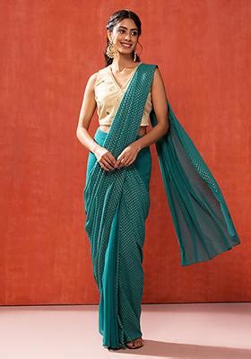 Buy Women Green Foil Print Pre Stitched Saree Without Blouse