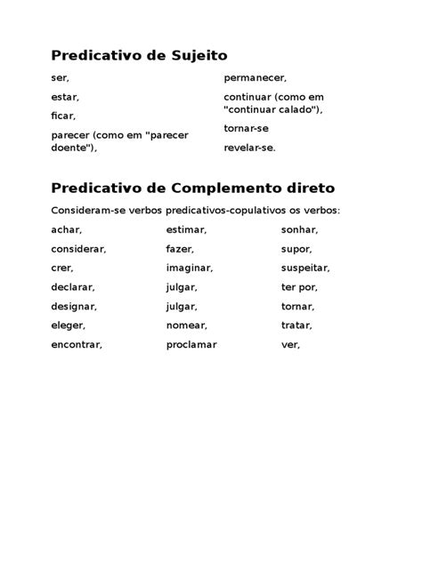 Predicativo De Sujeito E Predicativo De Complemento Direto Pdf Artes Linguísticas E