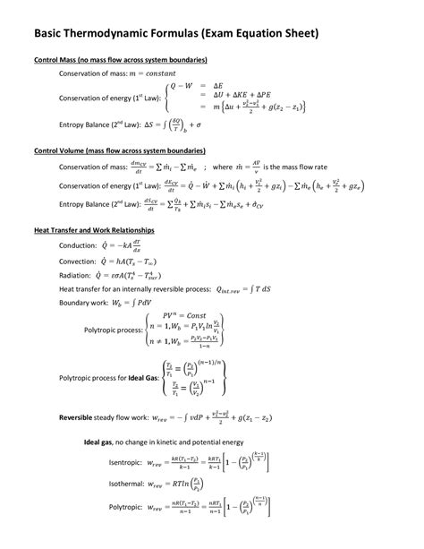 Thermodynamics Equation Sheet