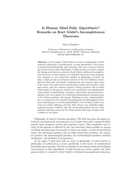 Pdf Is Human Mind Fully Algorithmic Remarks On Kurt Gödels Incompleteness Theorems