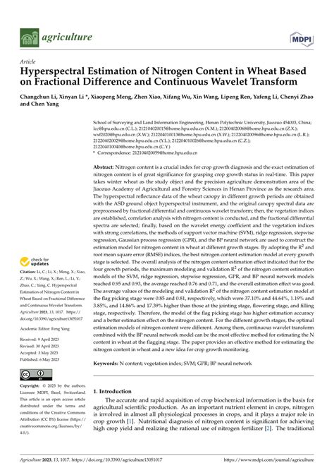 (PDF) Hyperspectral Estimation of Nitrogen Content in Wheat Based on Fractional Difference and ...