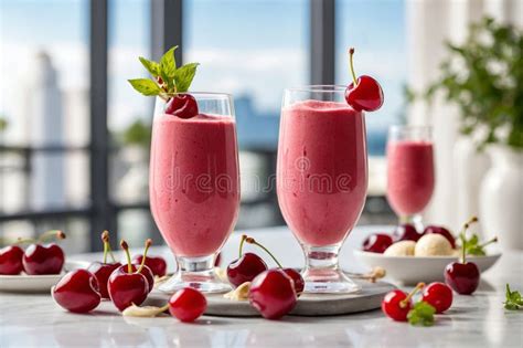 Cherry Smoothie With Vanilla Ice Cream Summer Refreshing Iced Cherry