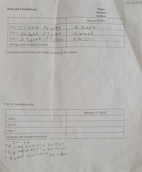 Data And Calculations Calculations For Molarity Of Chegg Com