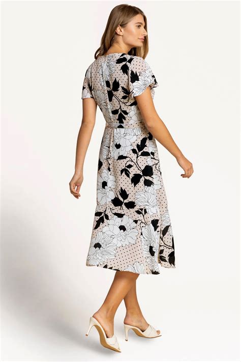 Floral Frill Detail Wrap Dress In Beige Roman Originals Uk