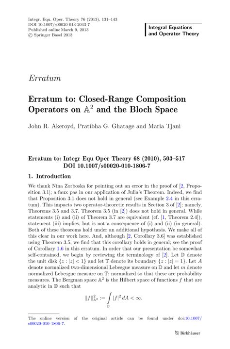 Pdf Erratum To Closed Range Composition Operators On { Mathbb{a} 2