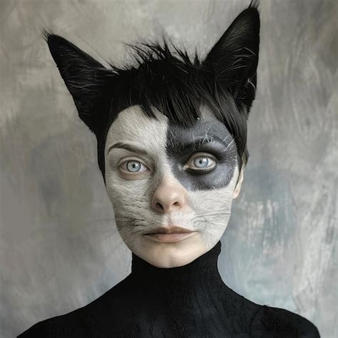 A Woman With A Cat Face And A Black Cat Face And A Gray Background