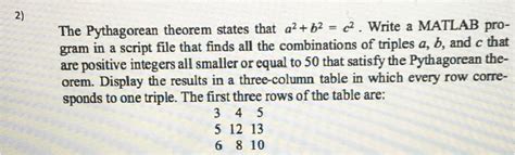 Solved The Pythagorean Theorem States That Ab Write A Chegg Com