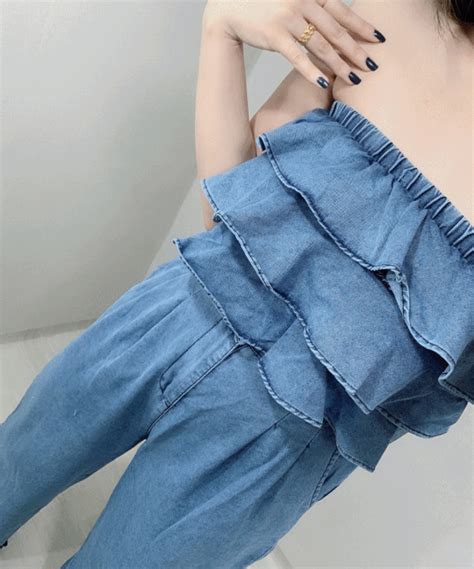 [최저가] 데님 프릴 튜브탑 데님 팬츠 투피스 세트 에이블리