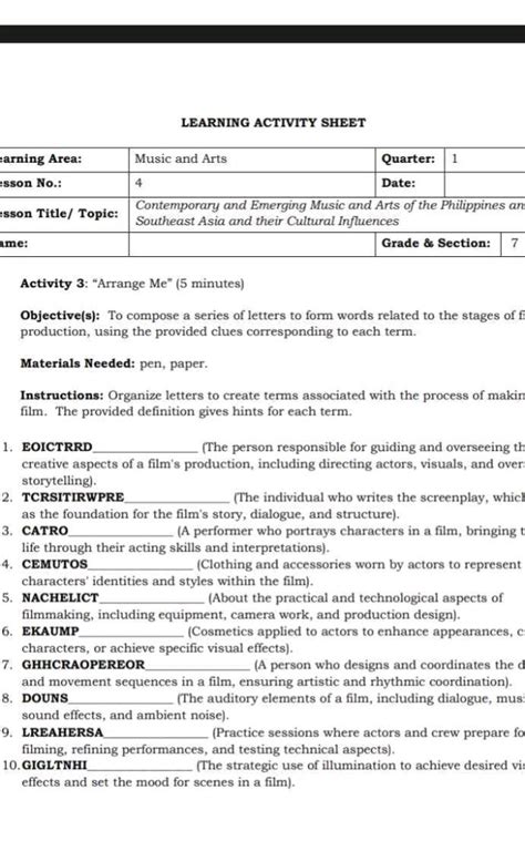 LEARNING ACTIVITY SHEET Activity 3 Arrange Me StudyX