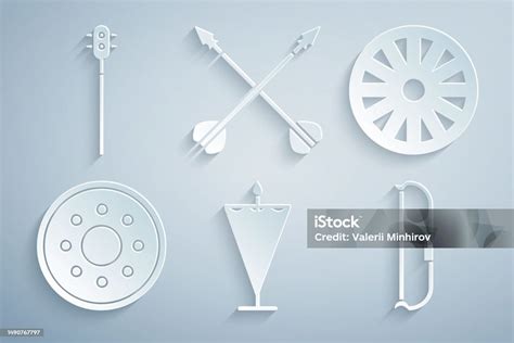 중세 깃발 오래된 나무 바퀴 둥근 방패 활 교차 화살 및 사슬로 묶인 철퇴 공 아이콘을 설정합니다 벡터 3차원 형태에 대한 스톡 벡터 아트 및 기타 이미지 Istock