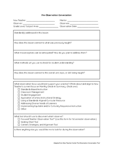 Fillable Online Pre Observation Conversation And Teacher Observation