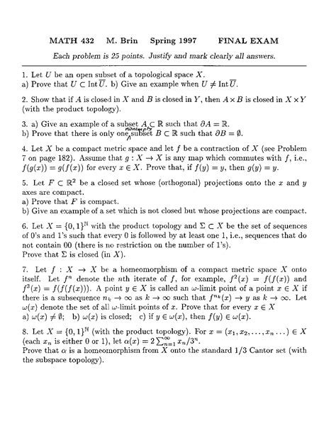 8 Questions On Introduction To Topology Final Exam Math 432 Docsity