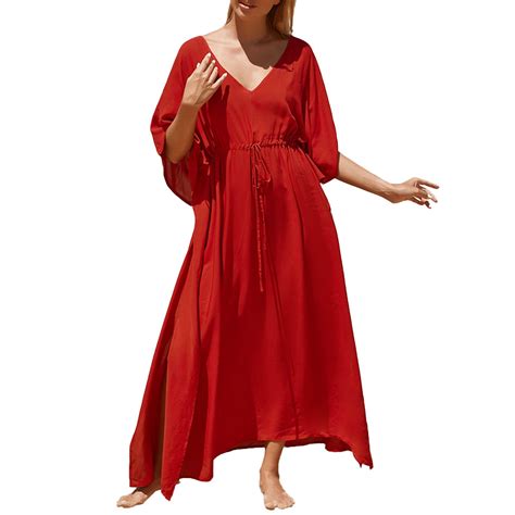 Rigardu Women Drawstring Waists Knot Dress V Neck Split Fork Dress