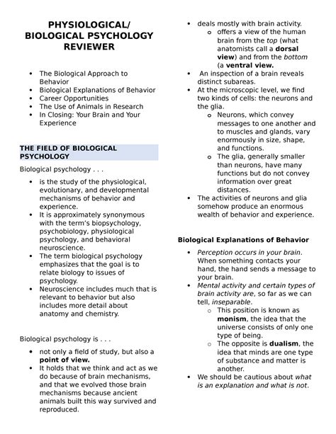 Physio Bio Psychology Reviewer Physiological Biological Psychology