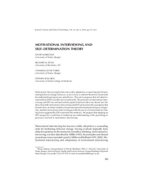 Pdf Motivational Interviewing And Self Determination Theory Lilian