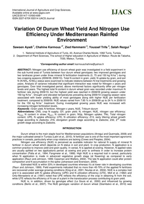 Pdf Variation Of Durum Wheat Yield And Nitrogen Use Efficiency Under
