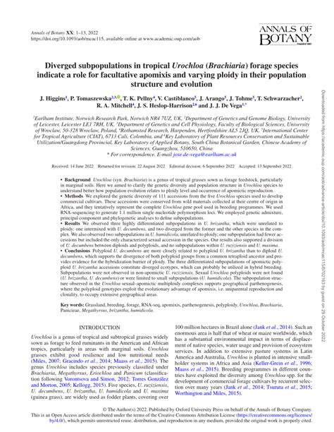 Pdf Diverged Subpopulations In Tropical Urochloa Brachiaria Forage