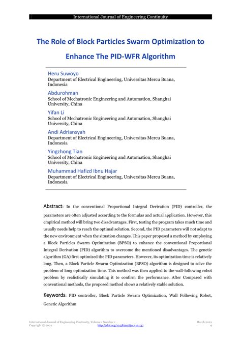 Pdf The Role Of Block Particles Swarm Optimization To Enhance The Pid
