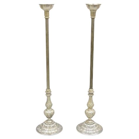 Vtg 43 Tall Baroque Style Silver Plated Collapsible Floor Candlesticks