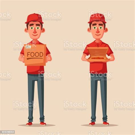 배달 서비스입니다 상자를 가진 남자입니다 만화 벡터 일러스트 레이 션 개념에 대한 스톡 벡터 아트 및 기타 이미지 개념
