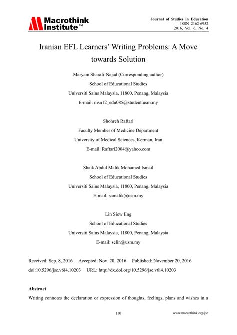 Pdf Iranian Efl Learners Writing Problems A Move Towards Solution