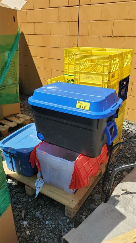 Pallet Of Assorted Items Including Milk Crates And Totes Able Auctions