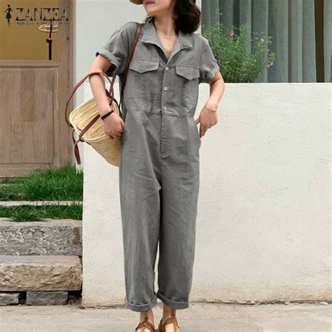 ZANZEA Korean Style Women Short Sleeve Wide Leg Jumpsuits Overalls