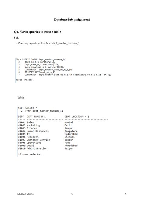 MUS DBMS Dbms Questions Database Lab Assignment Q Write Queries To Create Table Sol