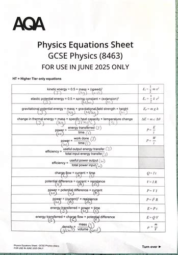 Physics Equation Sheet Aqa Triple With Units And Conversions
