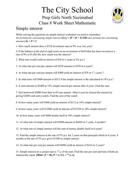 Simple Interest Problems Worksheet E