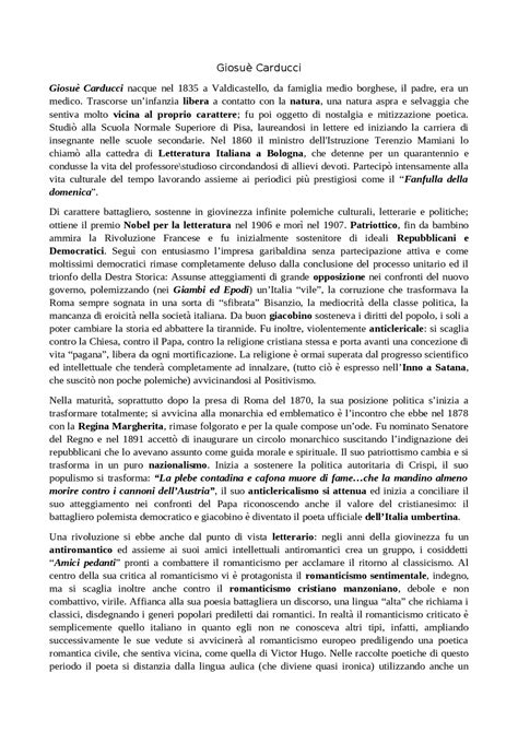 Giosue Carducci Riassunto Completo Docsity