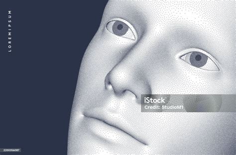 남자가 위를 올려다보고 있습니다 추상 디지털 인간 머리 작은 입자로 만든 남자의 얼굴 그림 배너 전단지 포스터 표지 또는 브로셔를 위한 픽셀 Art 3d 벡터 디자인