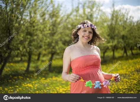 Beautiful Pregnant Woman Spring Garden Blooming Dandelions Stock Photo