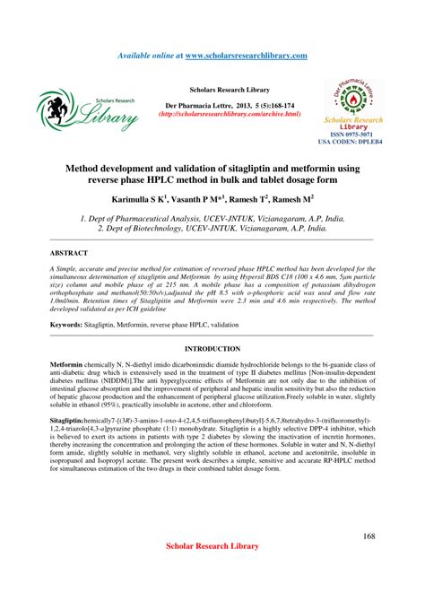 PDF Method Development And Validation Of Sitagliptin And Metformin Using Reverse Phase HPLC
