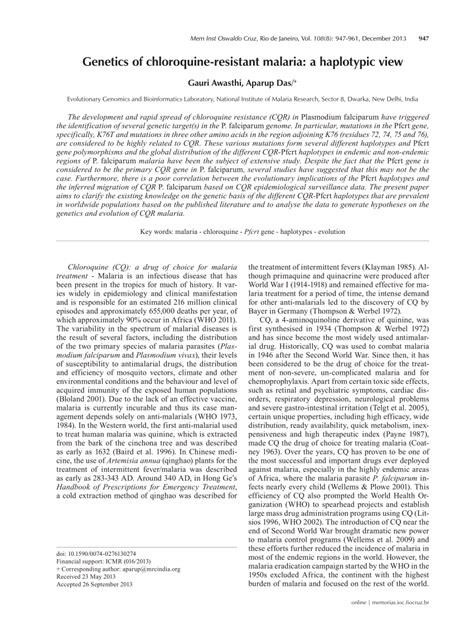 Pdf Genetics Of Chloroquine Resistant Malaria A Haplotypic View